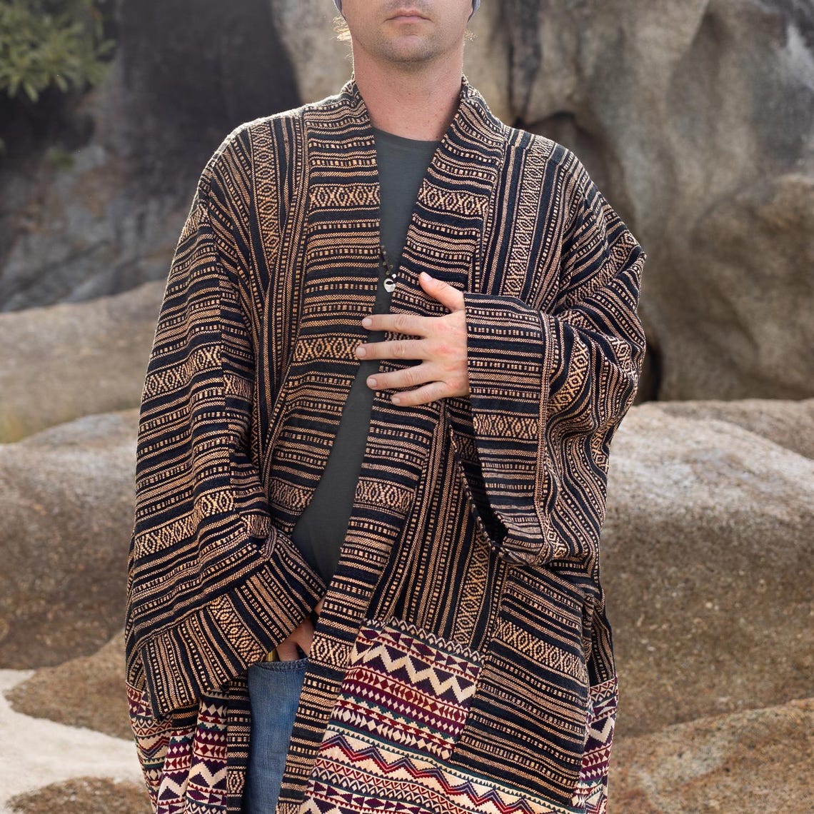 Kintsugi Kimono Duster: Exquisite Hand Woven Men Winter Coat| Boho ...