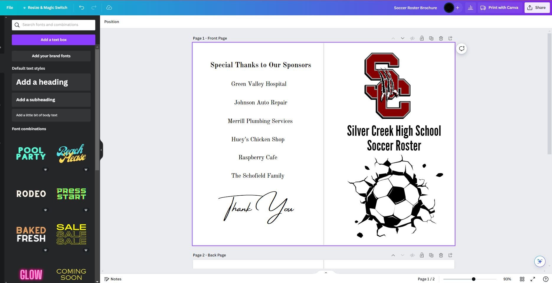Multi-page Bi-fold Program Canva Template, Sports Team Program or ...