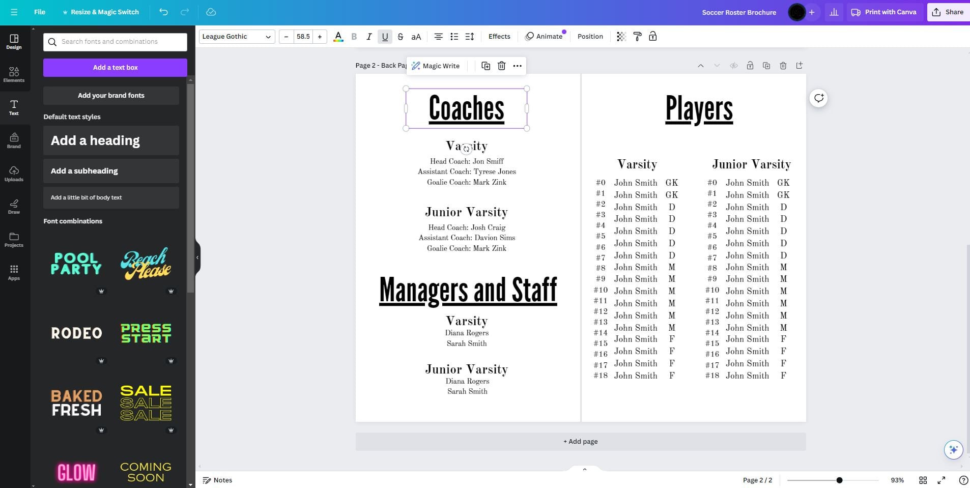 Multi-page Bi-fold Program Canva Template, Sports Team Program or ...