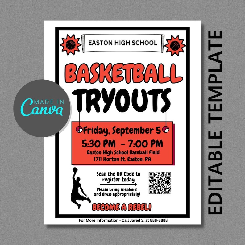 Editable Basketball Tryouts Flyer for Basketball Team, Fully Editable ...