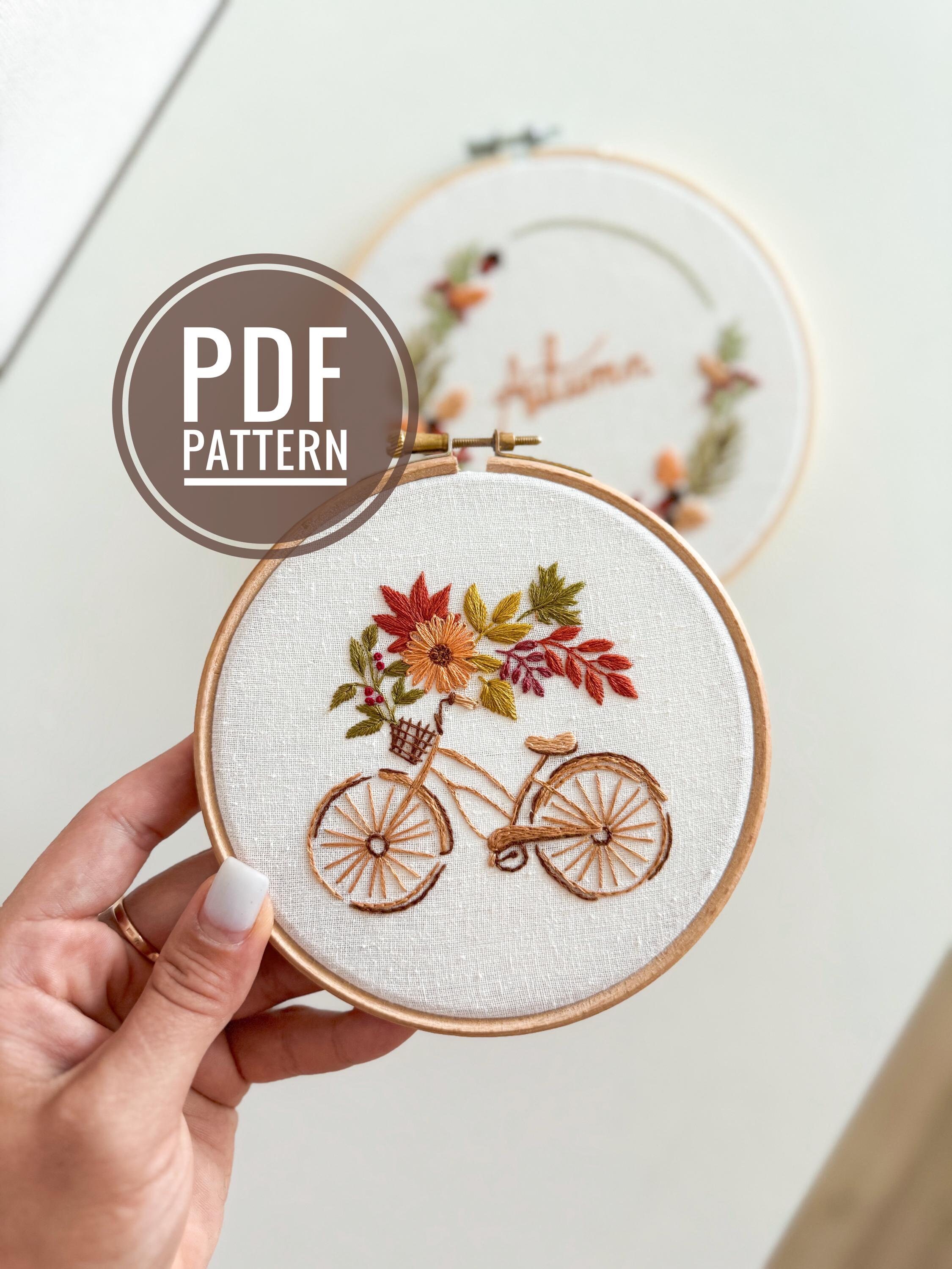 Bicycle in Fall Embroidery Pattern, Fall Leaves, Nature Embroidery ...