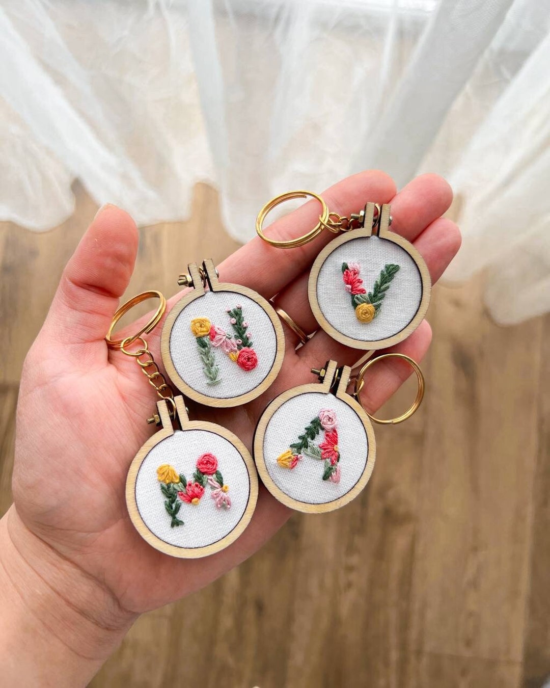 Floral Embroidered Keychain, Personalized Letter Keychain, Cute ...