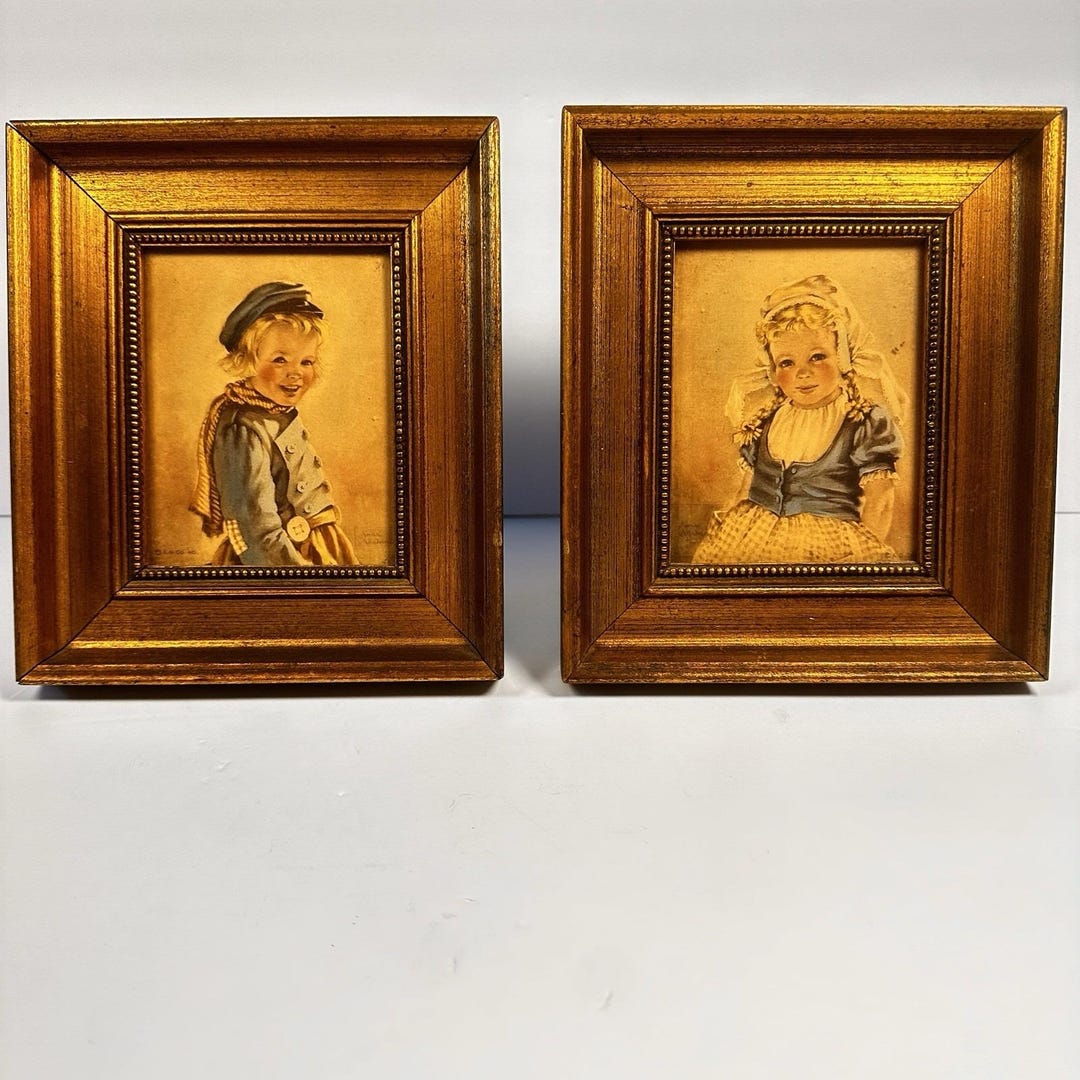 Anne Allaben Wood Framed Dutch Boy & Girl Numbered Vintage Art Print 6. ...