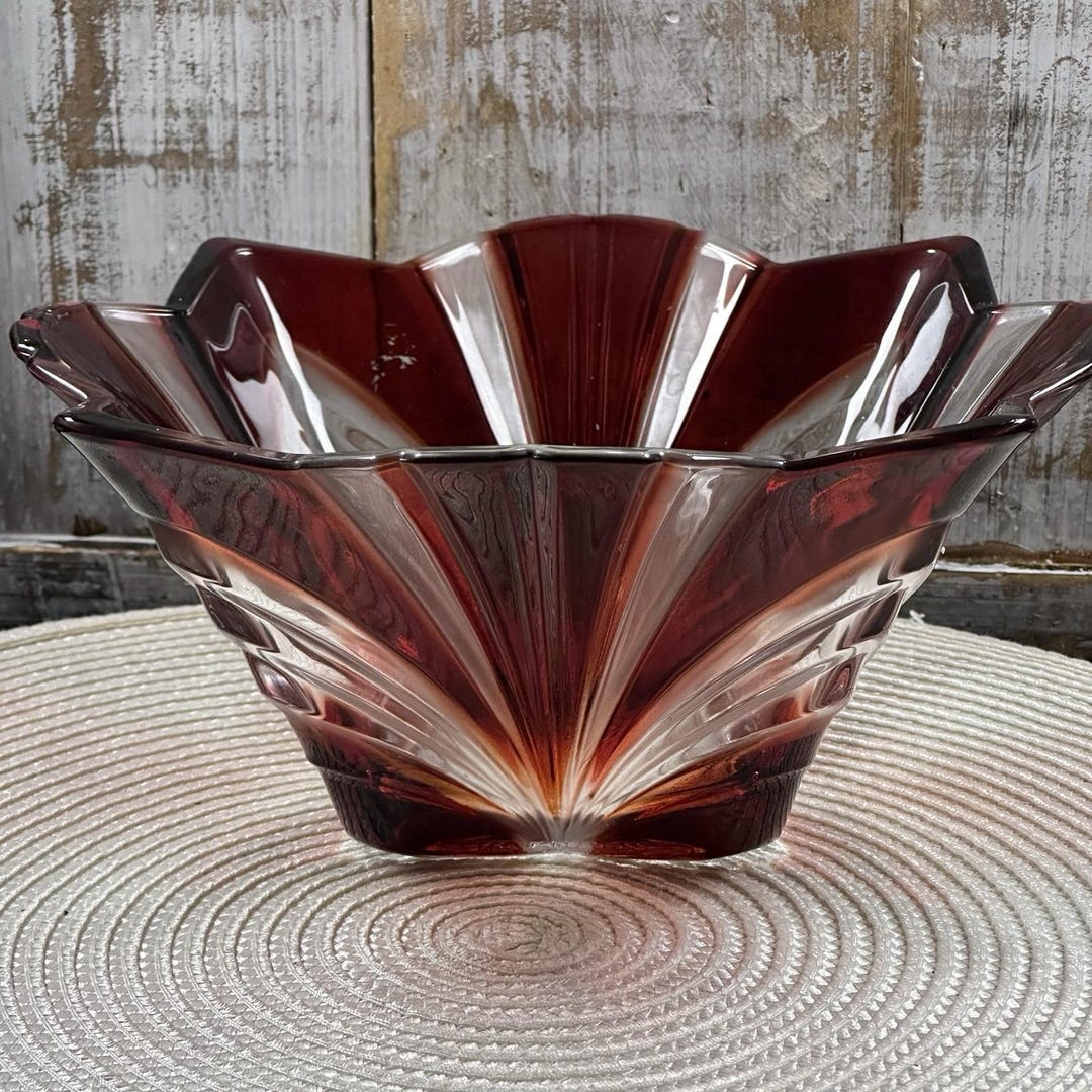 Vintage Japanese SOGA Glass Ruby Red & Clear Fan Dish Bowl Minors Flaws ...
