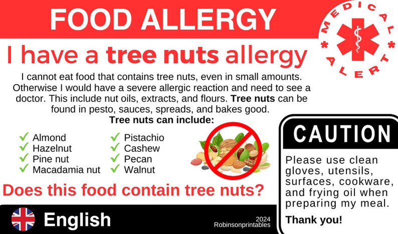 Tree Nut Allergy Translation Card Thai Language Printable Peanut ...