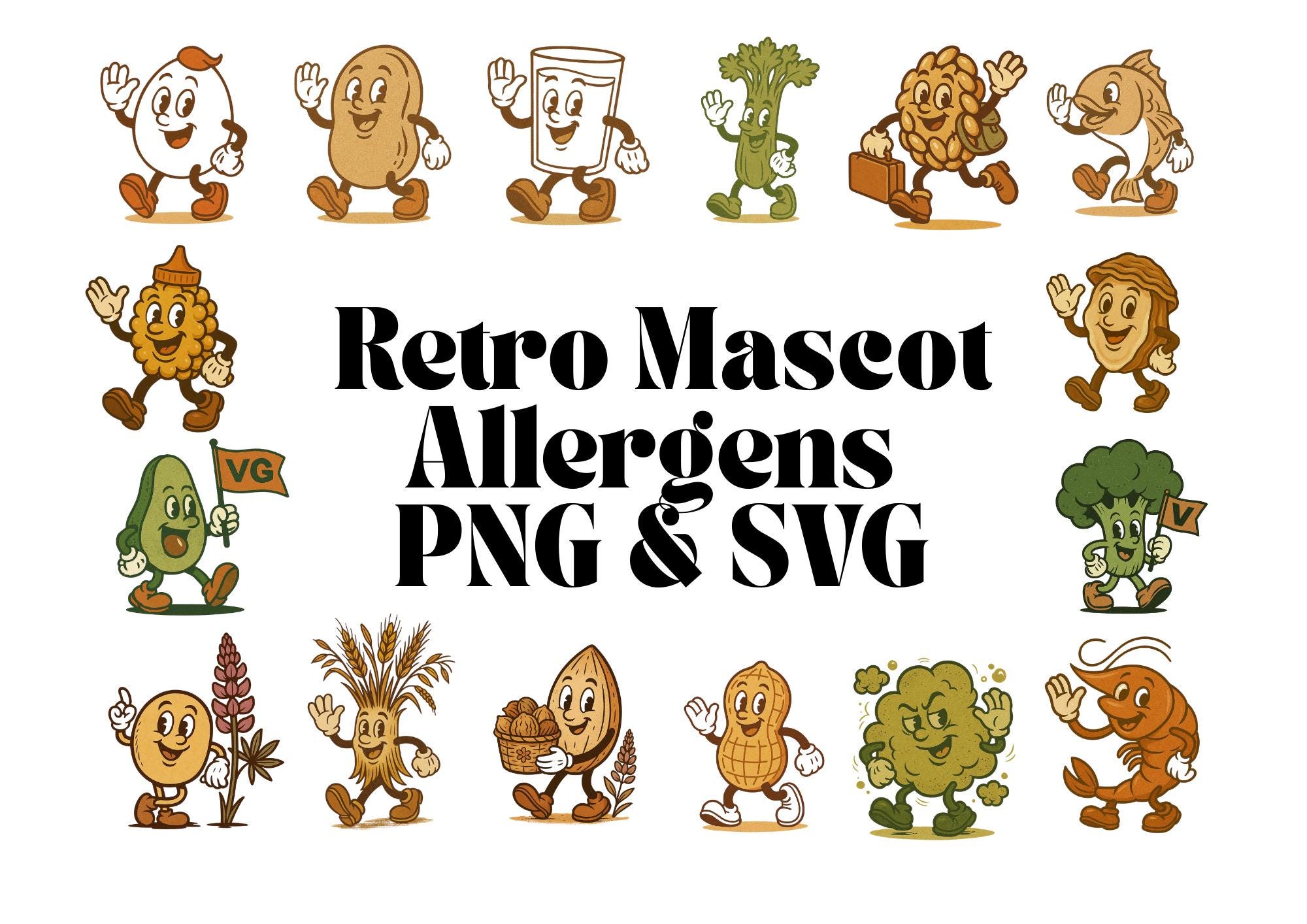 Retro Allergen Mascot Icons Bundle Food Allergy Clipart Labels, Menus ...