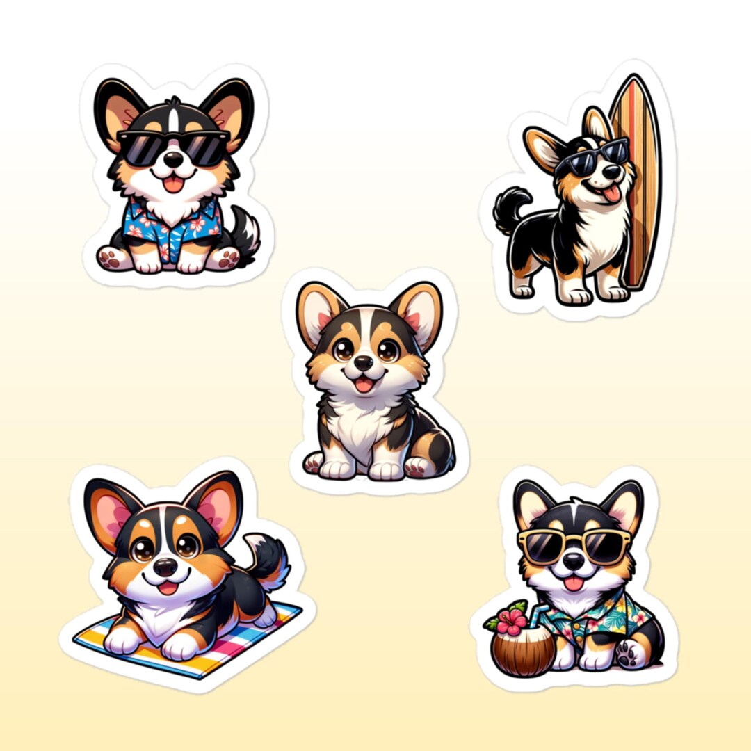Beach Theme Kawaii Tri-blend Corgi Sticker Pack 5 Mini Stickers for ...