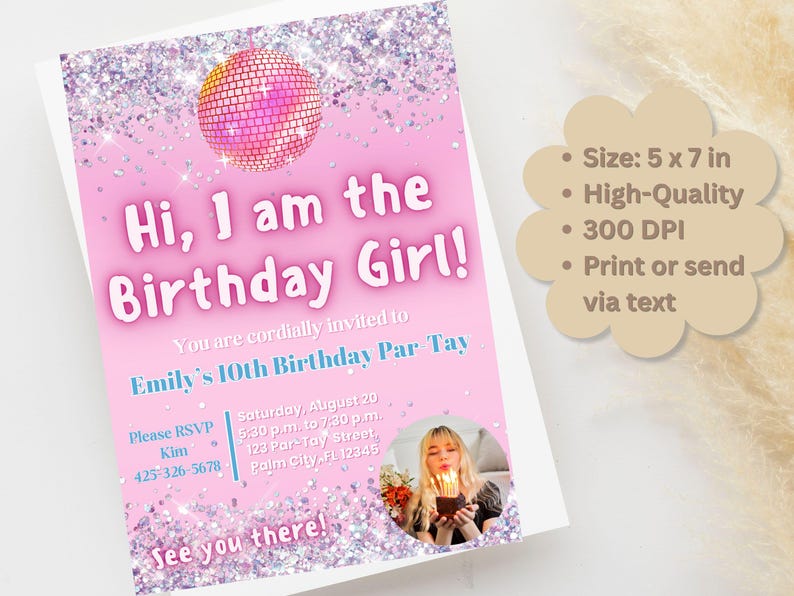 Pink Disco Birthday Card: Editable Photo Invitation, Tween/teen Girl ...