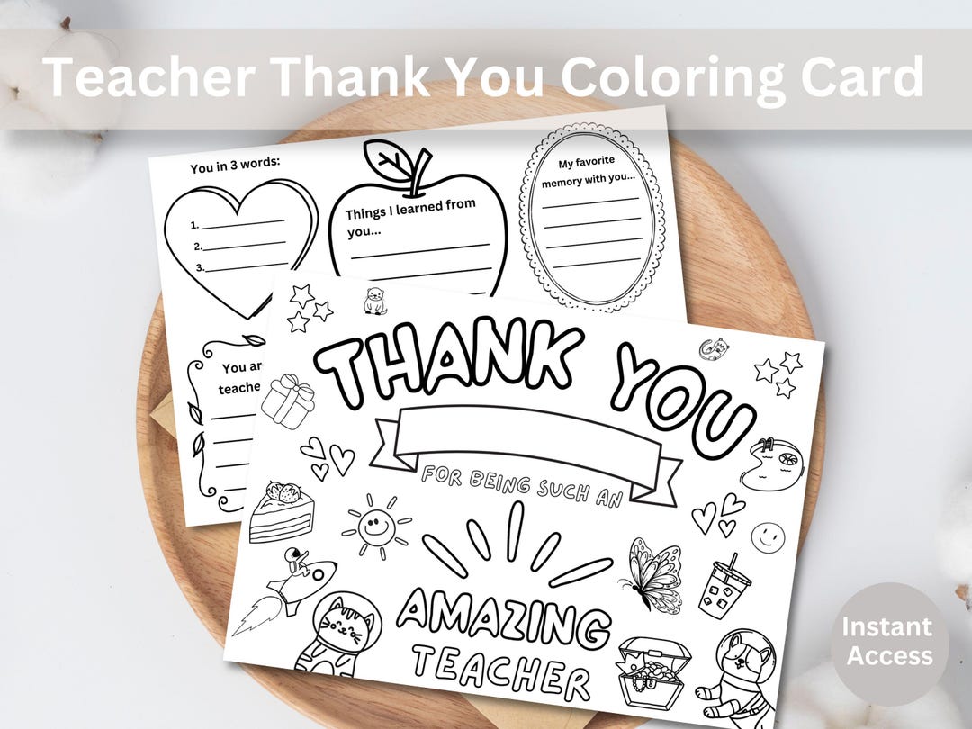 Teacher Thank You Coloring Card | End of Year Printable Gift | Teacher ...