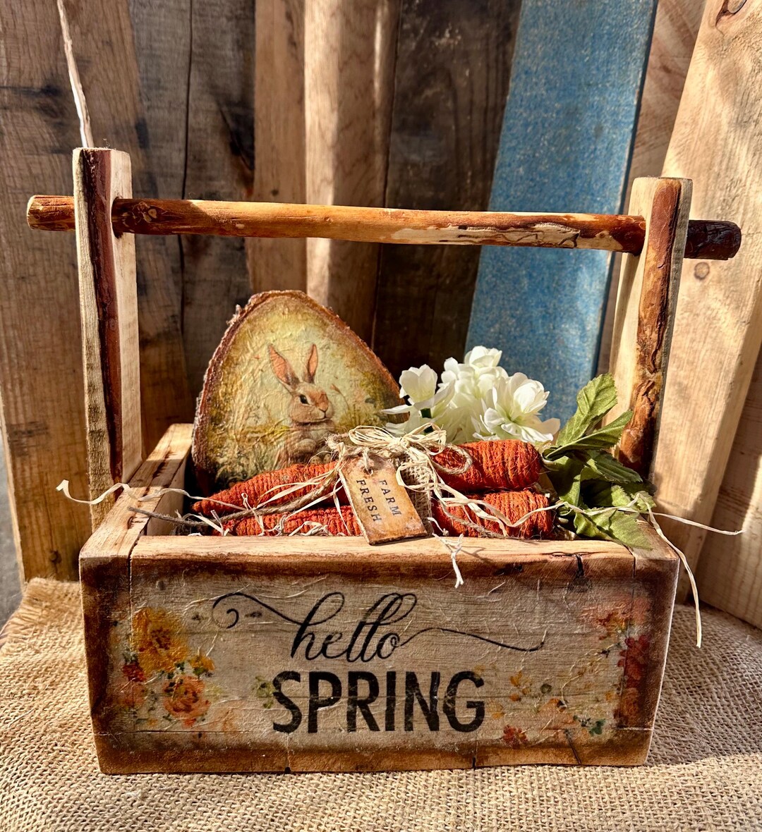 Wooden Tote, Flower Basket, Spring Flower Box, Rustic Wood Box ...