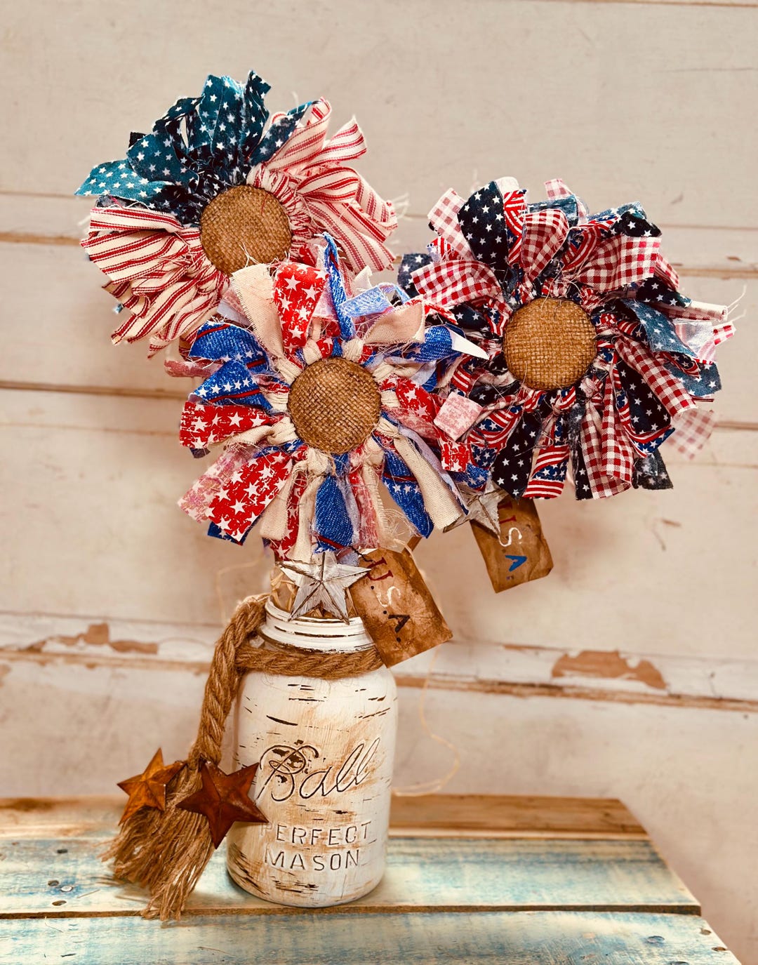 Patriotic American Flag Fabric Flowers Rag Flowers/fourth of July ...