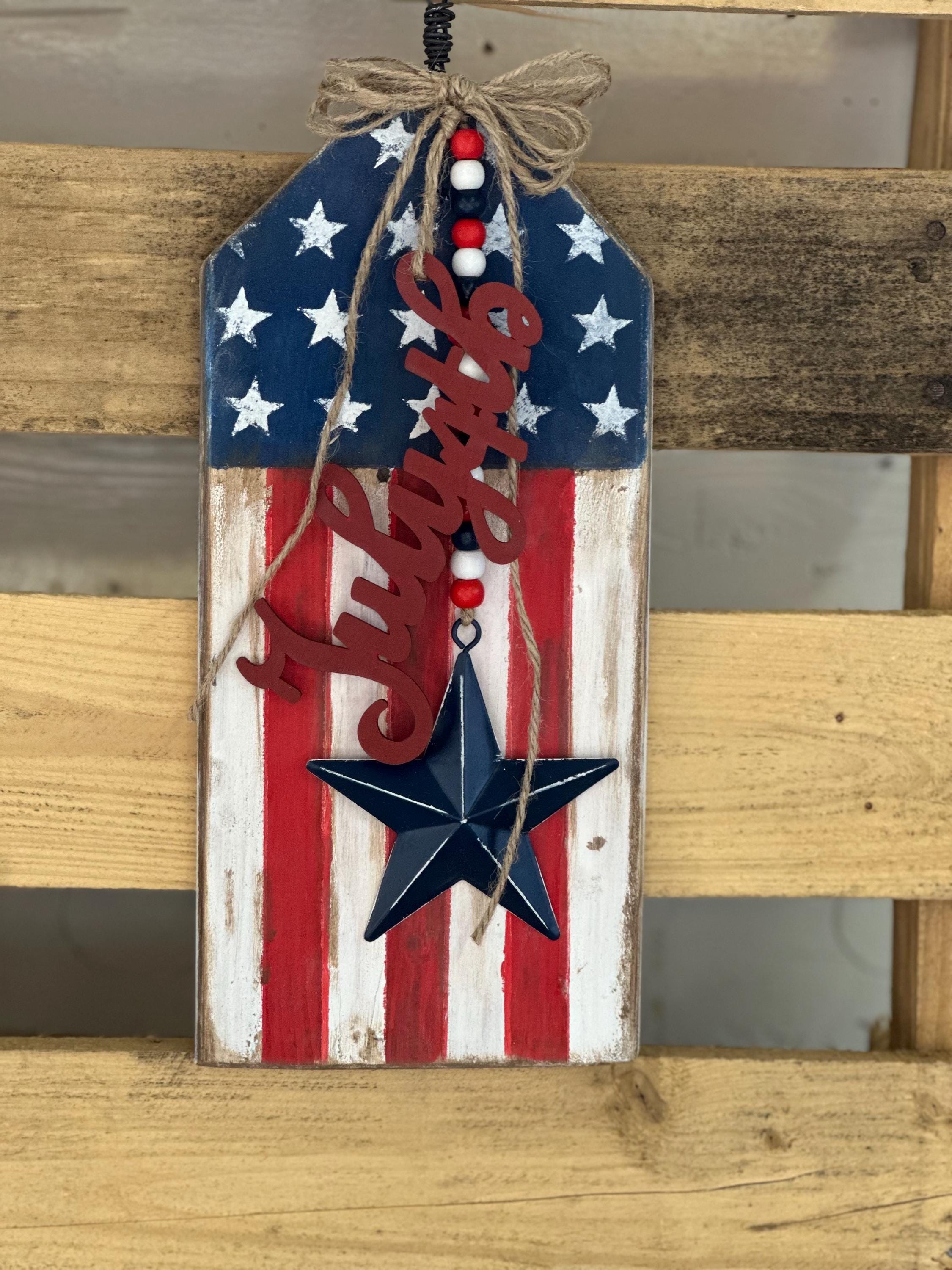 American Flag/ 4th of July Wooden Rustic Tag Door Hanger/usa Door Tag ...