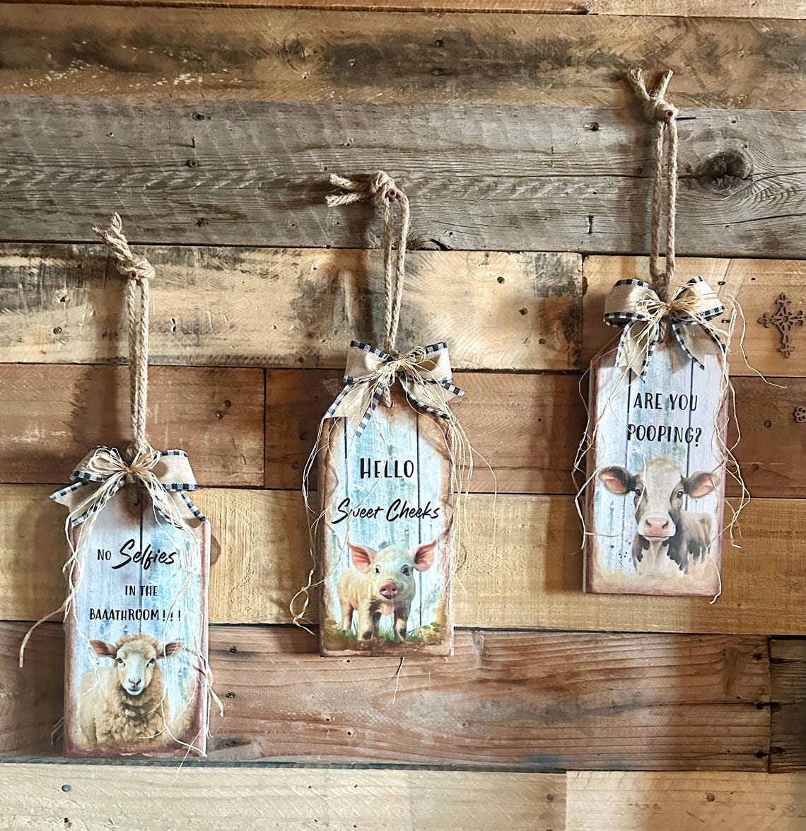 Farmhouse Wooden Bathroom/ Door Tag Hanger/sign/cow Pig Sheep Wall Tag ...