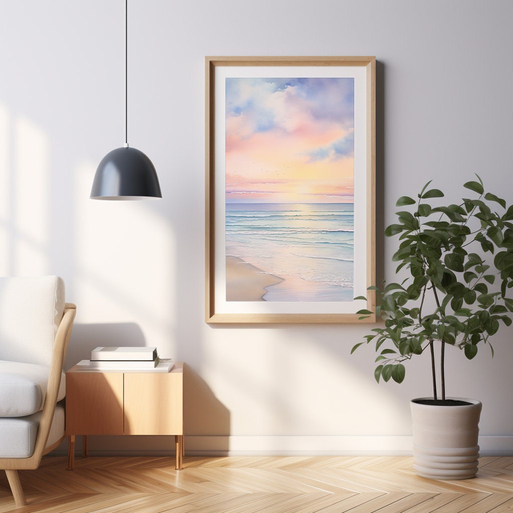 Serene Sunset Bubbles - Whimsical Beach Watercolor Digital Art, Coastal ...