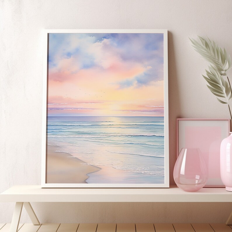 Serene Sunset Bubbles - Whimsical Beach Watercolor Digital Art, Coastal ...