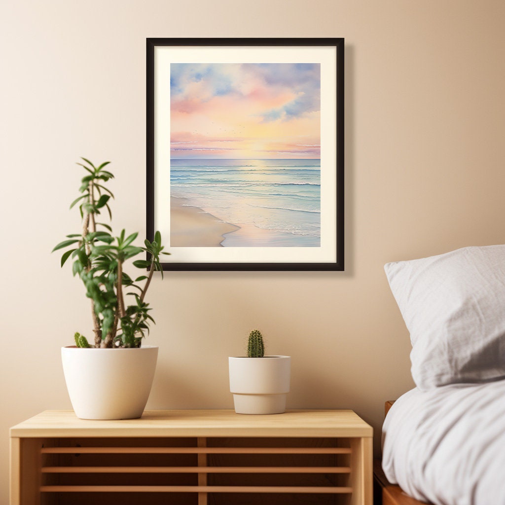 Serene Sunset Bubbles - Whimsical Beach Watercolor Digital Art, Coastal ...