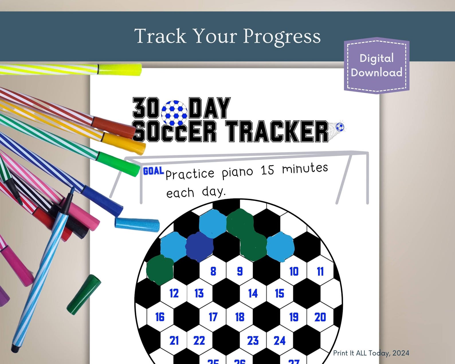 Soccer Themed 30 Day Challenge Tracker Printable | Goal Setting / Habit ...