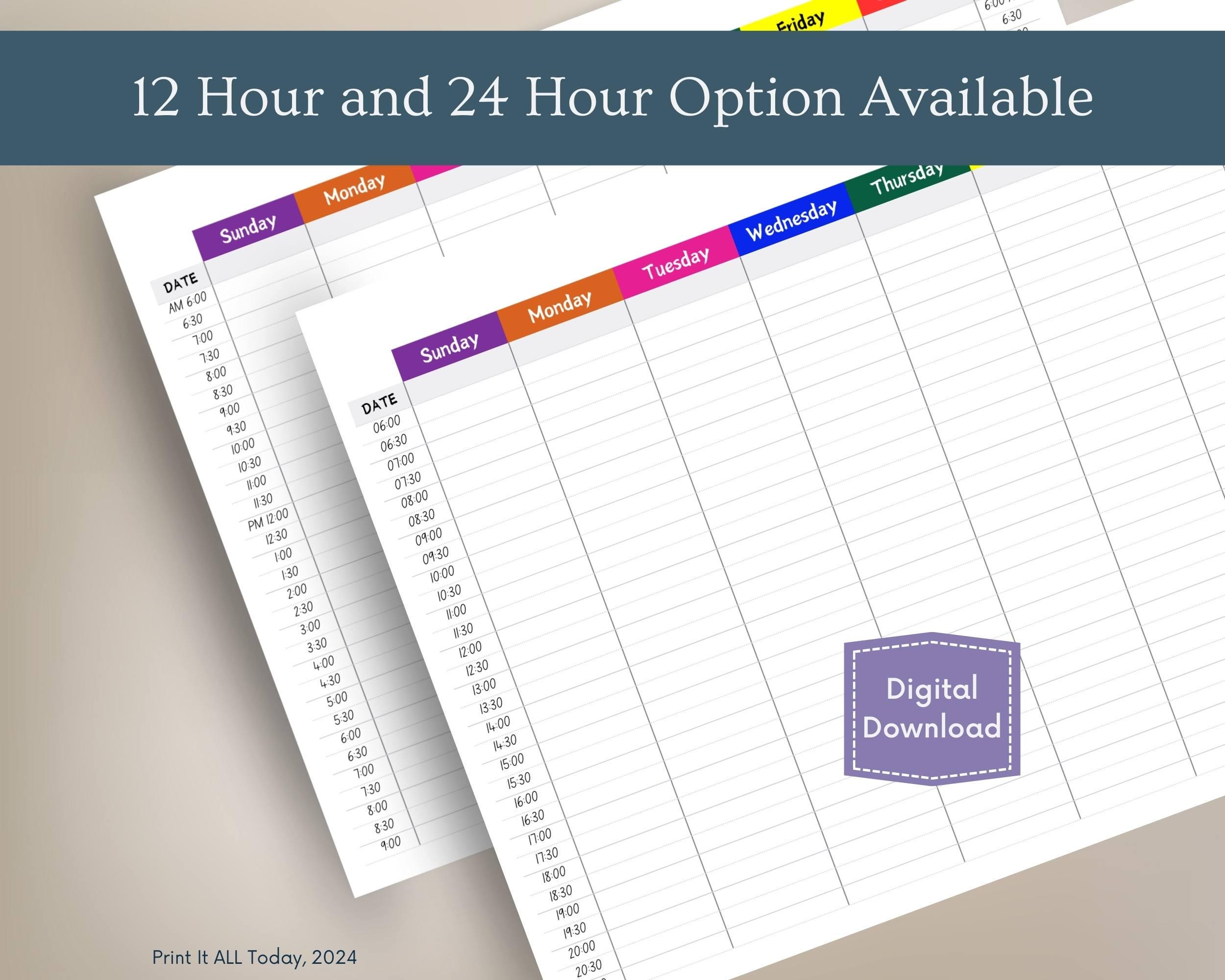 Week at a Glance / Hourly Time Block Planner | Printable | Instant PDF ...