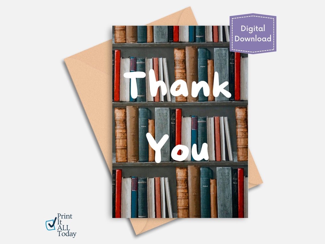 Thank You Books on Bookshelf Printable Thank You Card, Appreciation ...