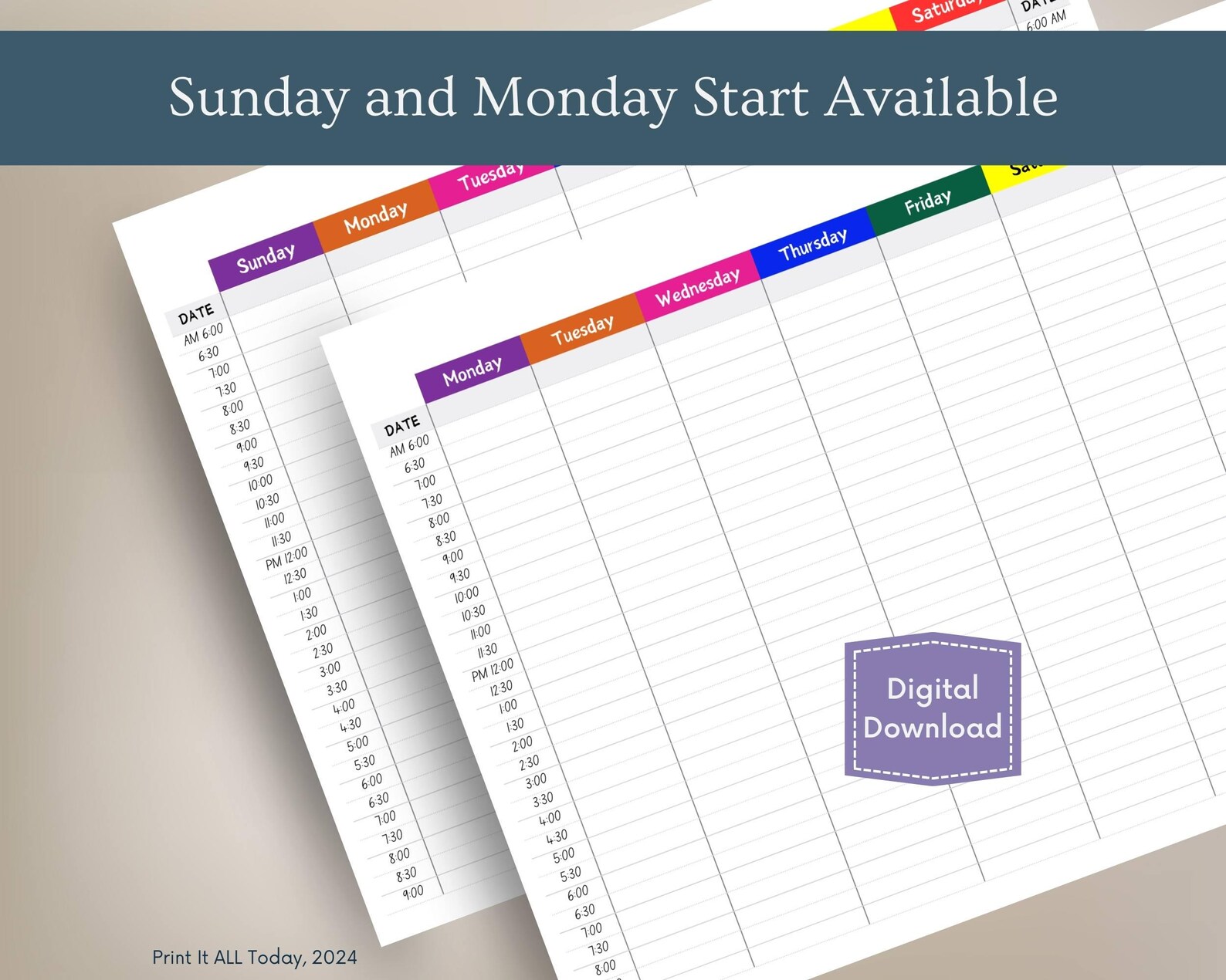 Week at a Glance / Hourly Time Block Planner | Printable | Instant PDF ...