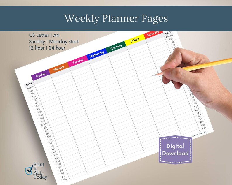 Week at a Glance / Hourly Time Block Planner | Printable | Instant PDF ...