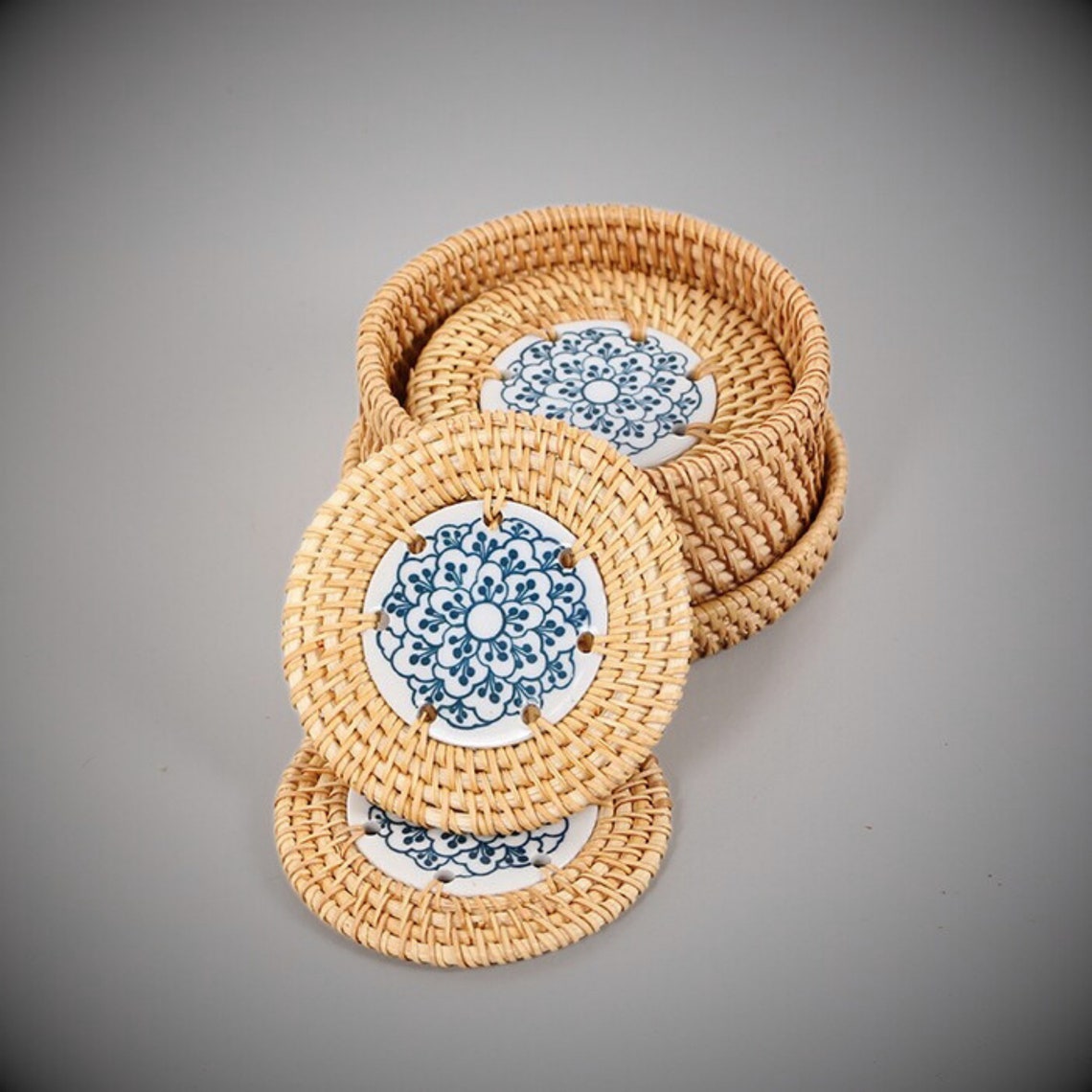 6-piece Ceramic Coasters Set in Rattan Box 13x6cm / 5.11x2.36in Perfect ...