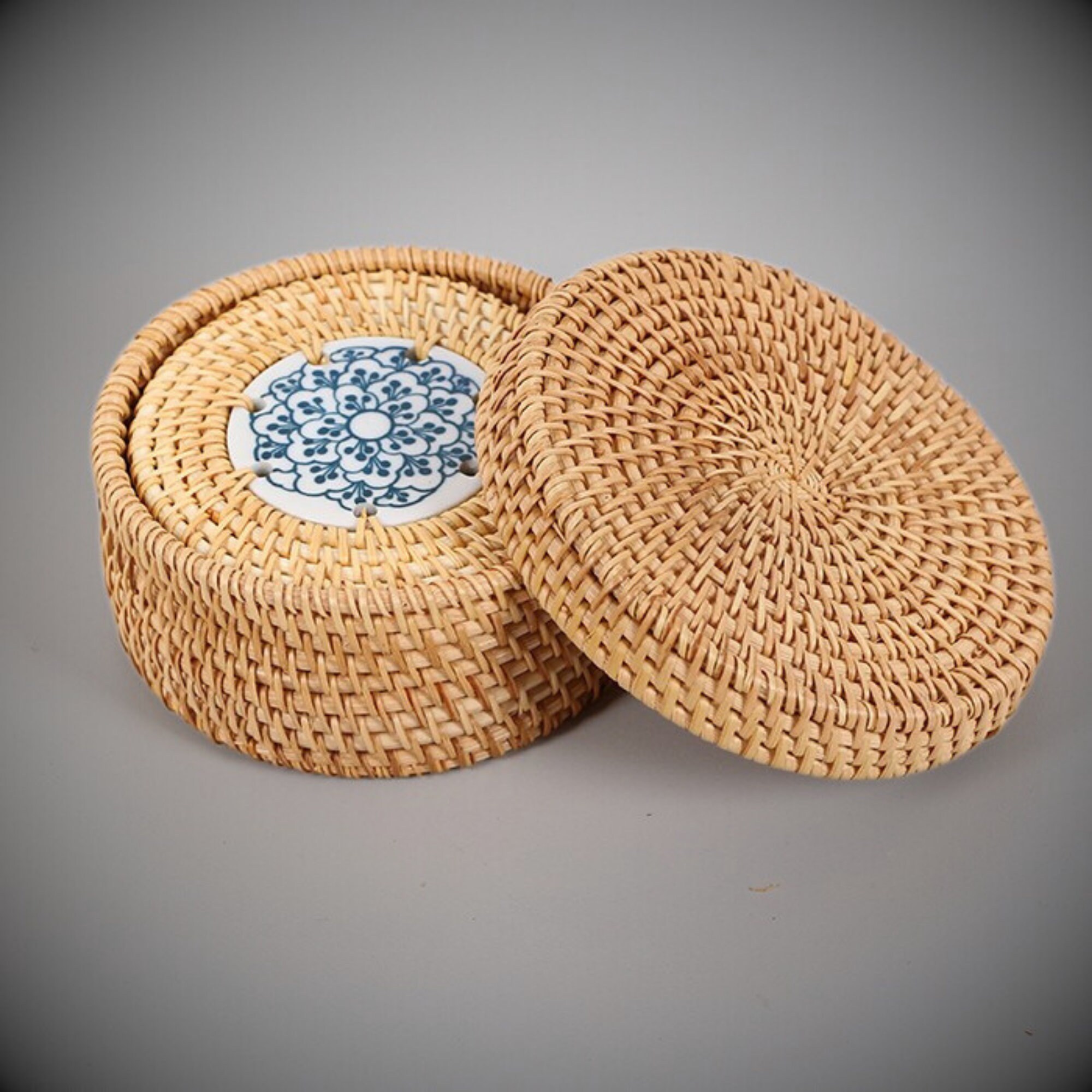 6-piece Ceramic Coasters Set in Rattan Box 13x6cm / 5.11x2.36in Perfect ...