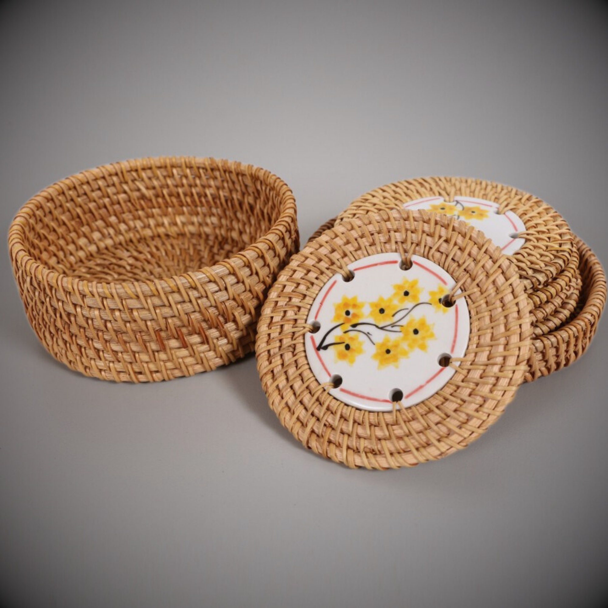 6-piece Ceramic Coasters Set in Rattan Box 13x6cm / 5.11x2.36in Perfect ...