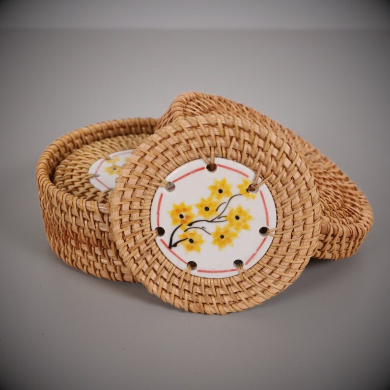 6-piece Ceramic Coasters Set in Rattan Box 13x6cm / 5.11x2.36in Perfect ...