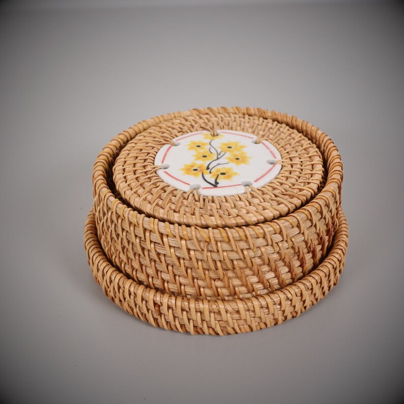 6-piece Ceramic Coasters Set in Rattan Box 13x6cm / 5.11x2.36in Perfect ...