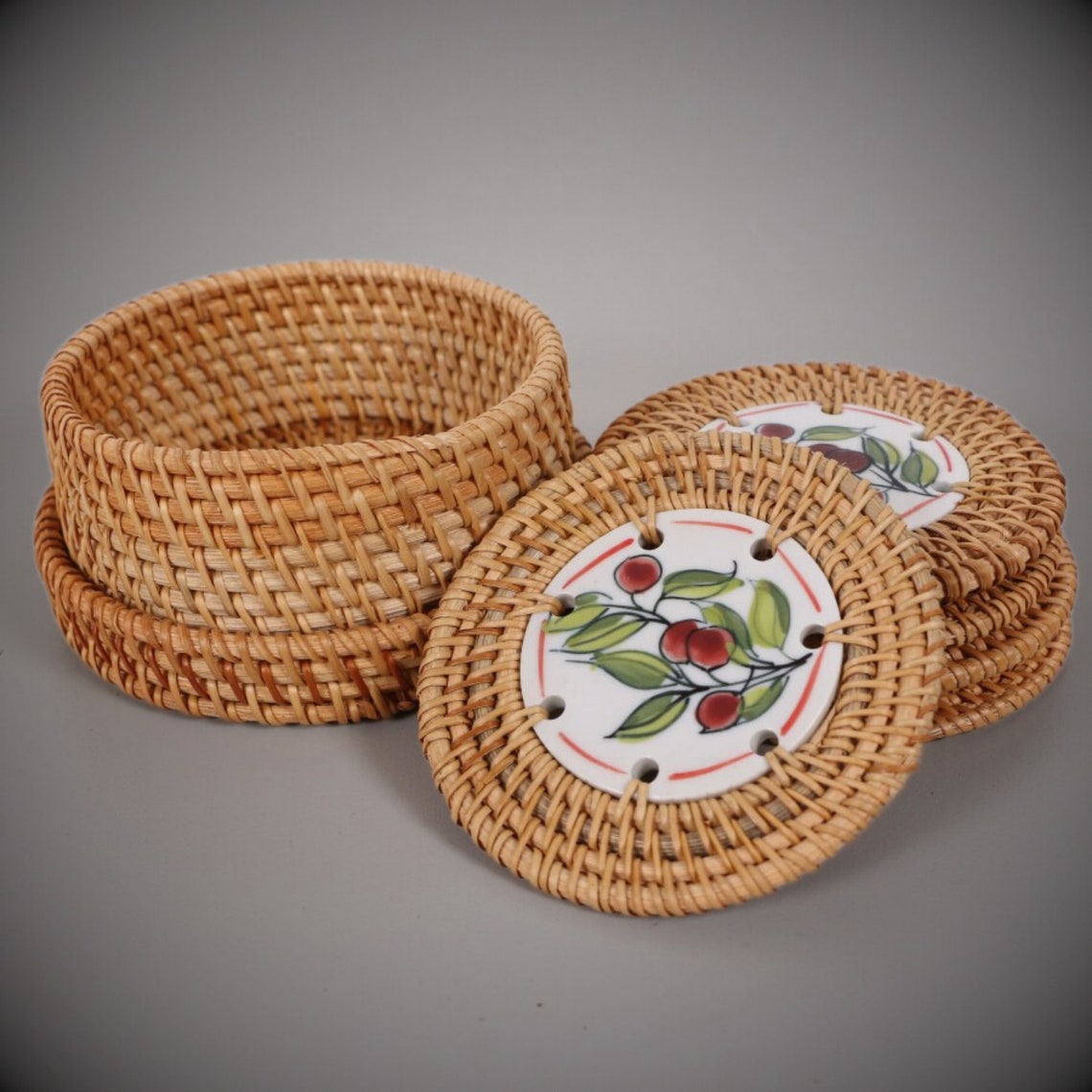 6-piece Ceramic Coasters Set in Rattan Box 13x6cm / 5.11x2.36in Perfect ...