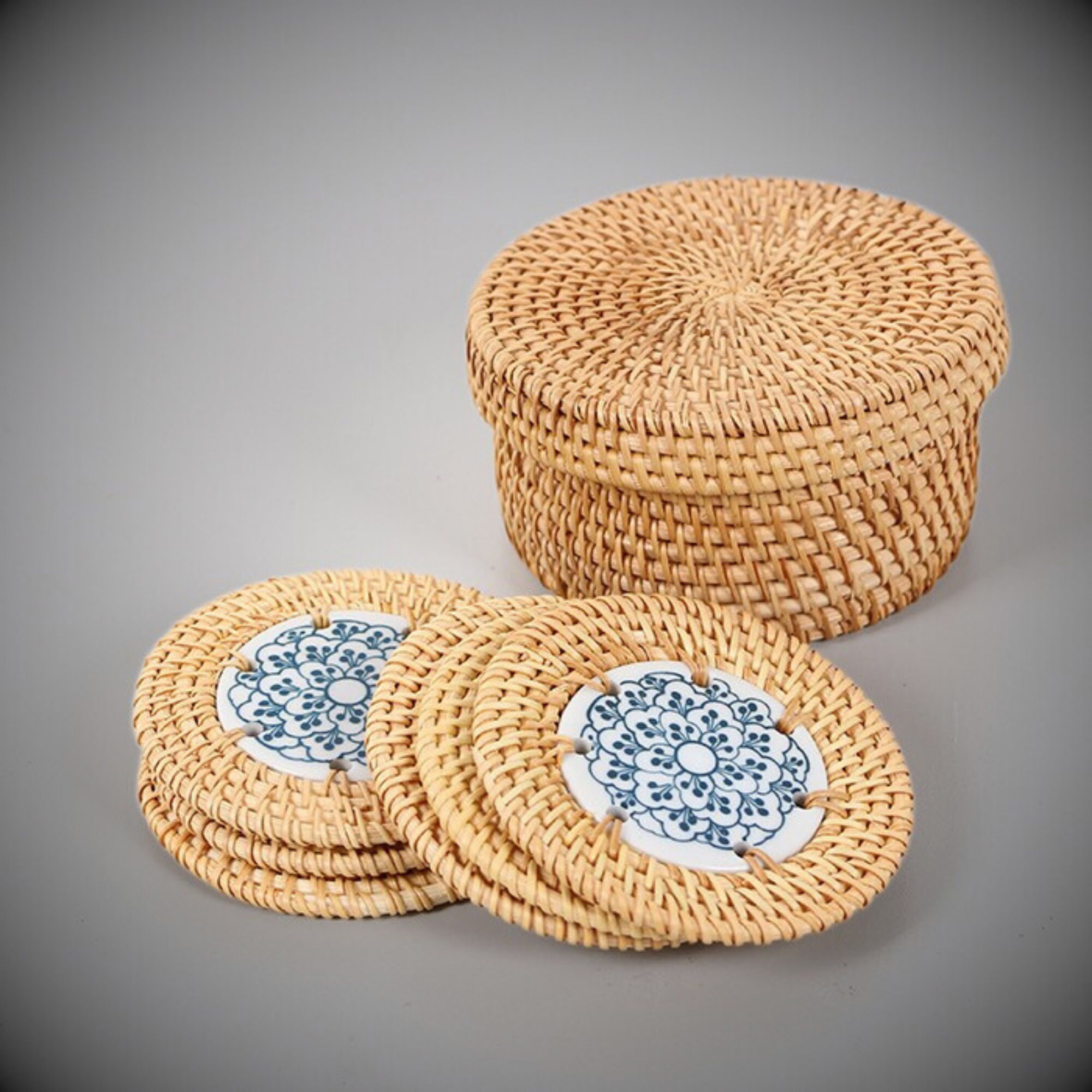 6-piece Ceramic Coasters Set in Rattan Box 13x6cm / 5.11x2.36in Perfect ...