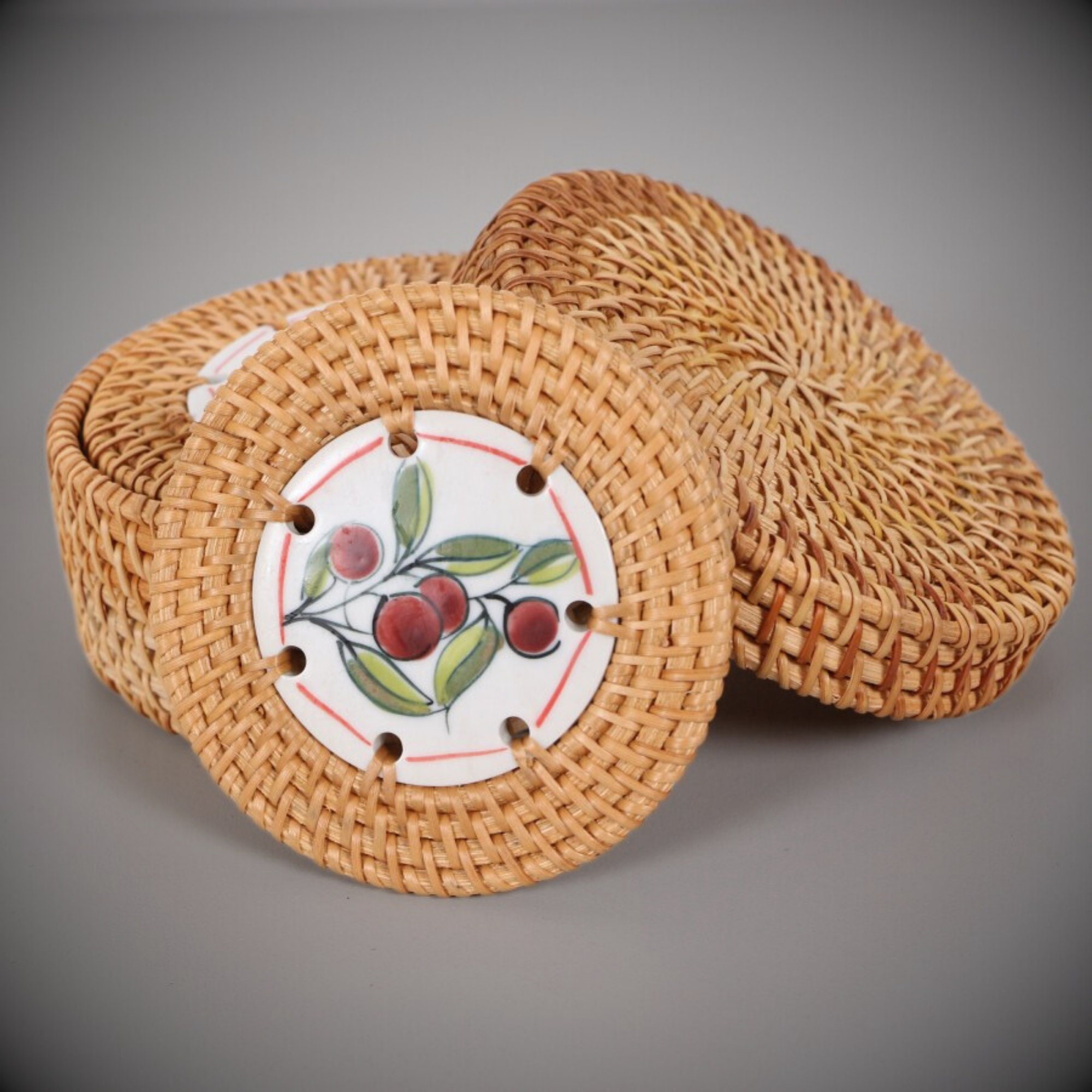 6-piece Ceramic Coasters Set in Rattan Box 13x6cm / 5.11x2.36in Perfect ...