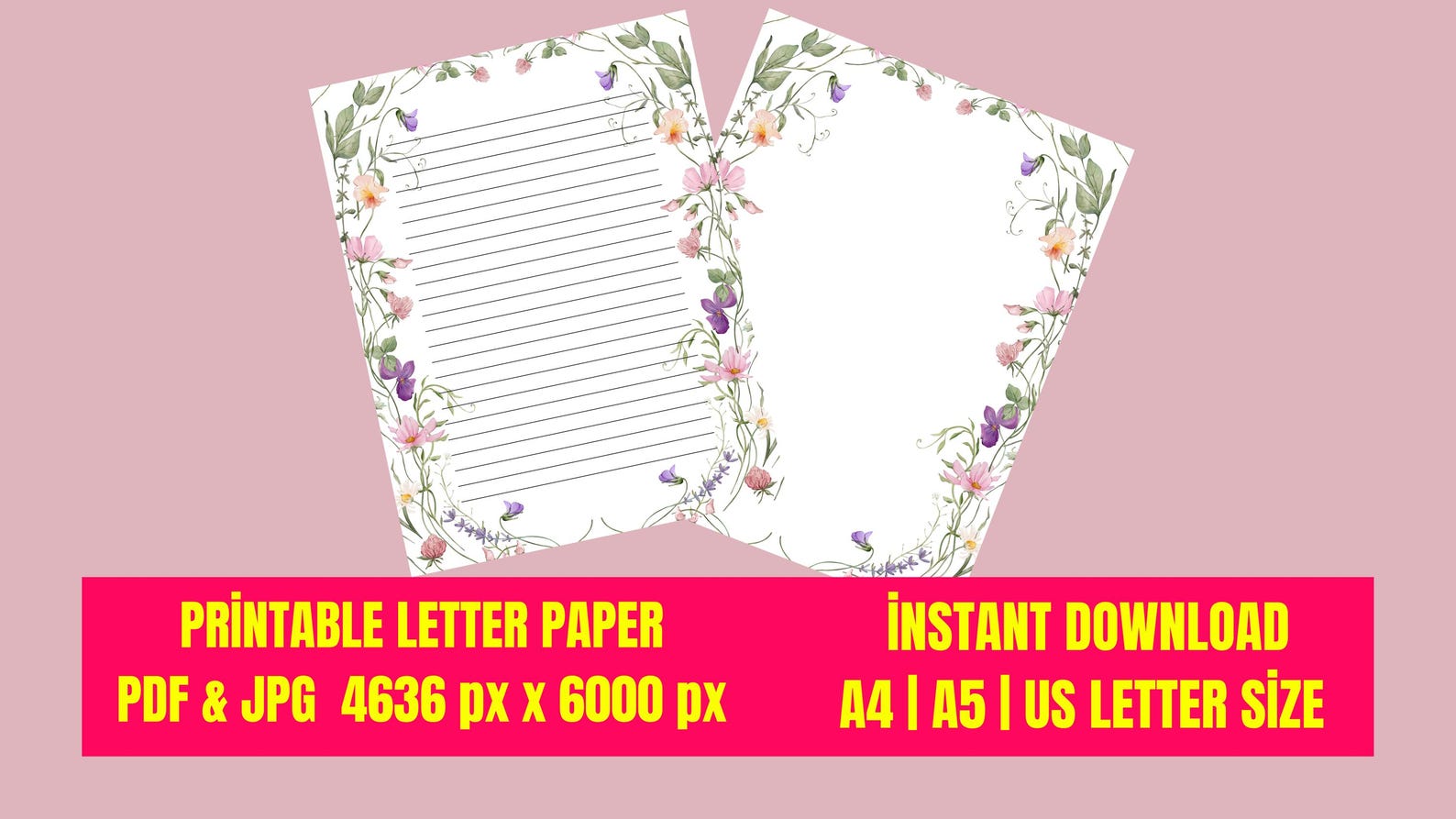 Floral Letter Writing Paper Set: Printable Stationery (A4, A5, US ...