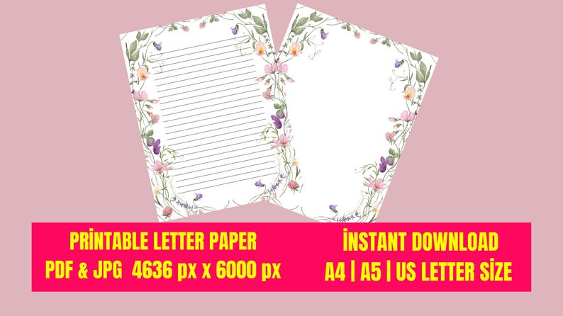 Floral Letter Writing Paper Set: Printable Stationery (A4, A5, US ...