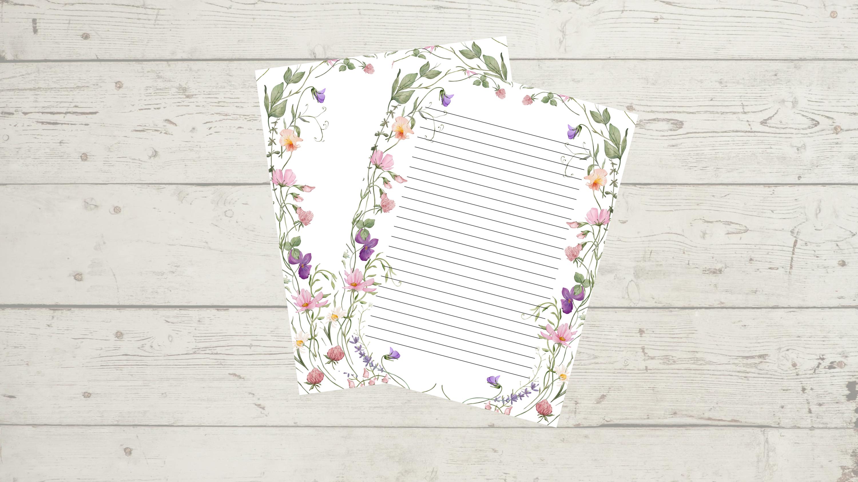 Floral Letter Writing Paper Set: Printable Stationery (A4, A5, US ...