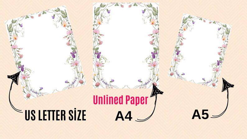 Floral Letter Writing Paper Set: Printable Stationery (A4, A5, US ...