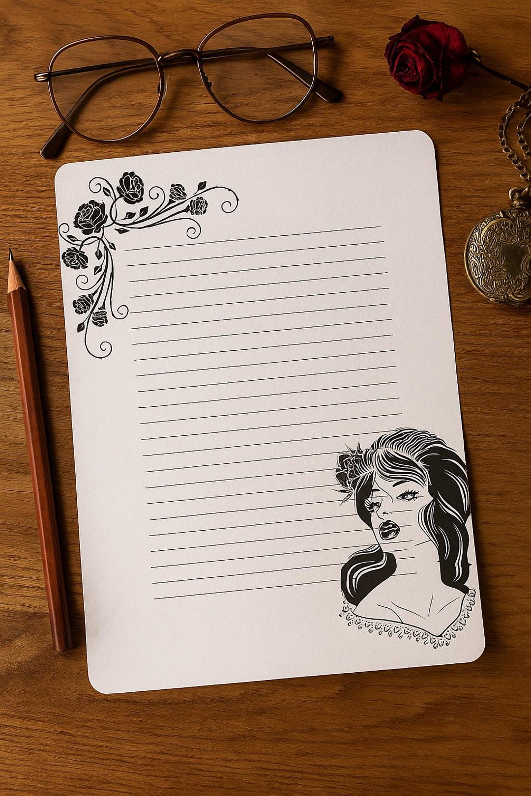 Printable Black and White Letter Writing Paper Floral Woman Art ...