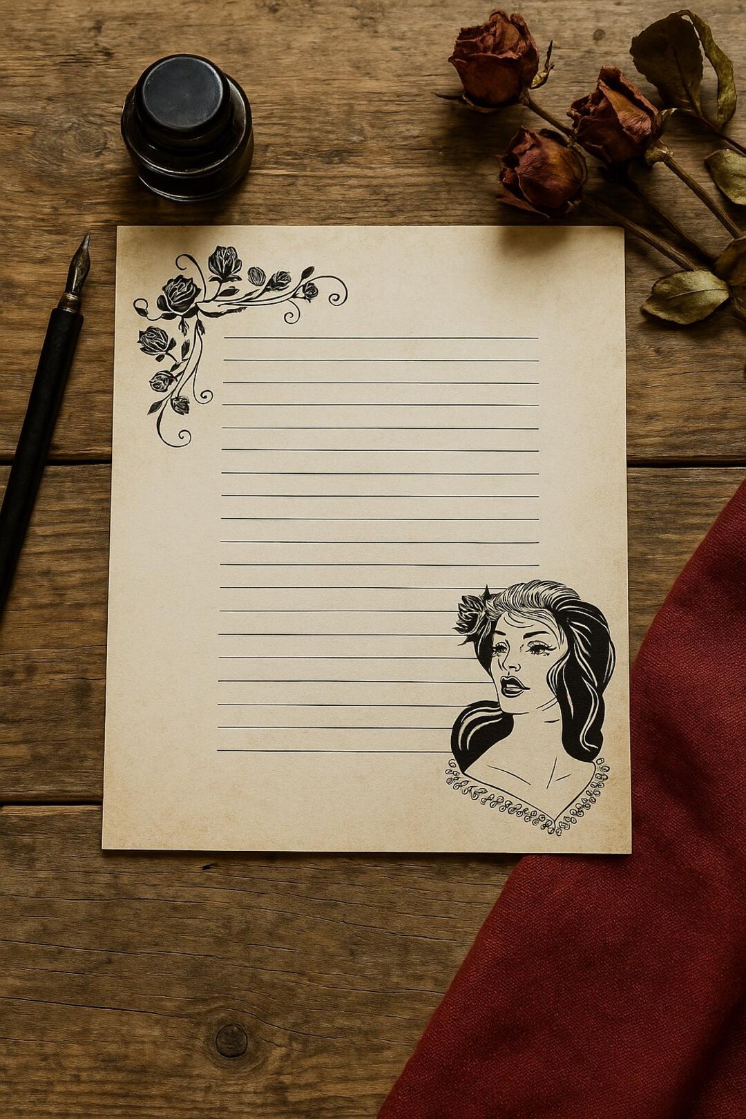 Printable Letter Writing Paper Vintage Black and White Floral Woman Art ...