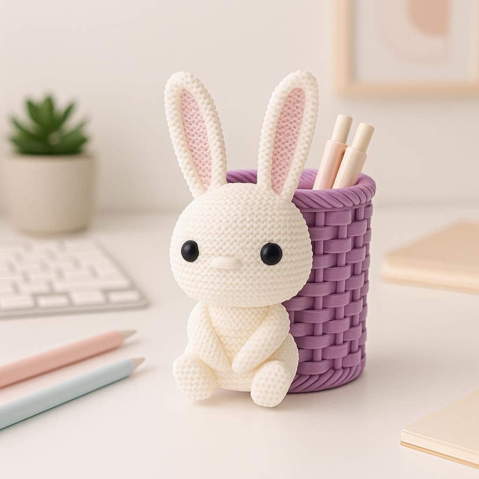 Kawaii Bunny Pen Holder Knitted Rabbit Desk Organizer Cute Aesthetic ...