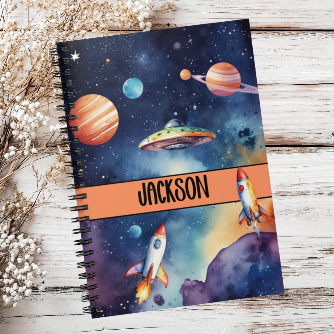 Personalized Spiral Notebook for Kids, Space Rockets Planets UFO Custom ...