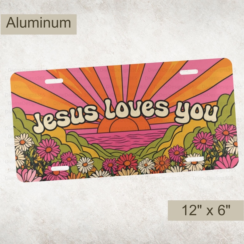 Jesus Loves You Christian License Plate, Retro Floral Sunset Christian ...