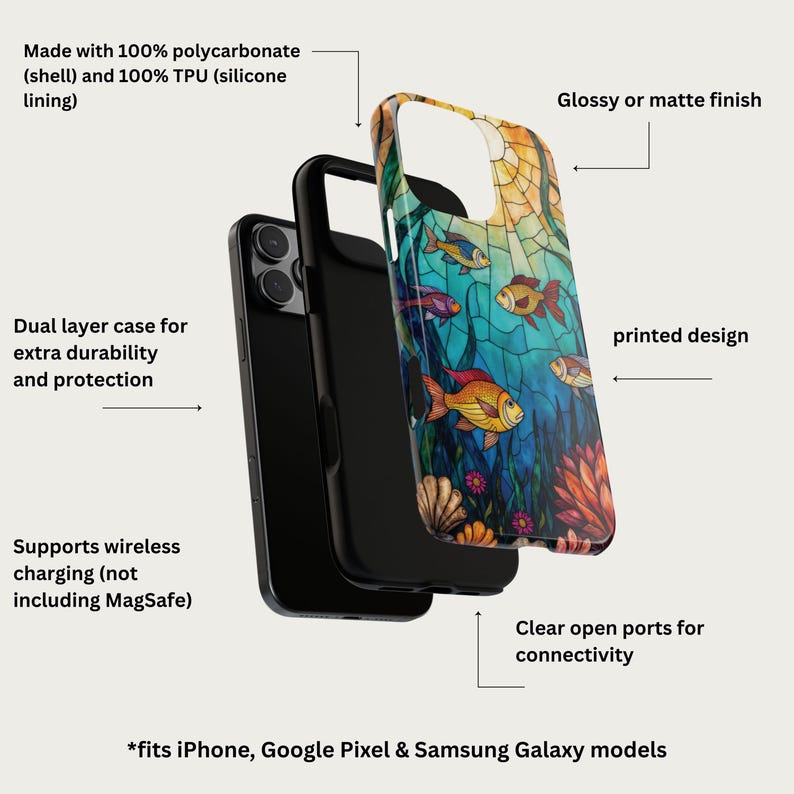 Stained Glass Effect Underwater Fish Phonecase, iPhone 17 16 15 14 13 ...