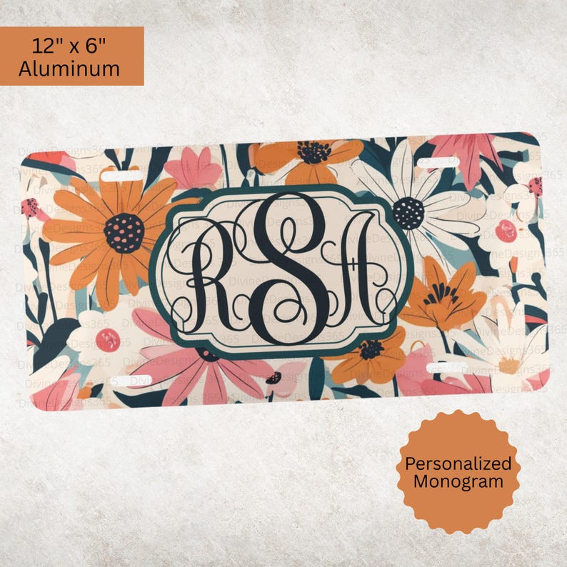 Custom Monogram Floral License Plate, Personalized Initials Car Tag ...