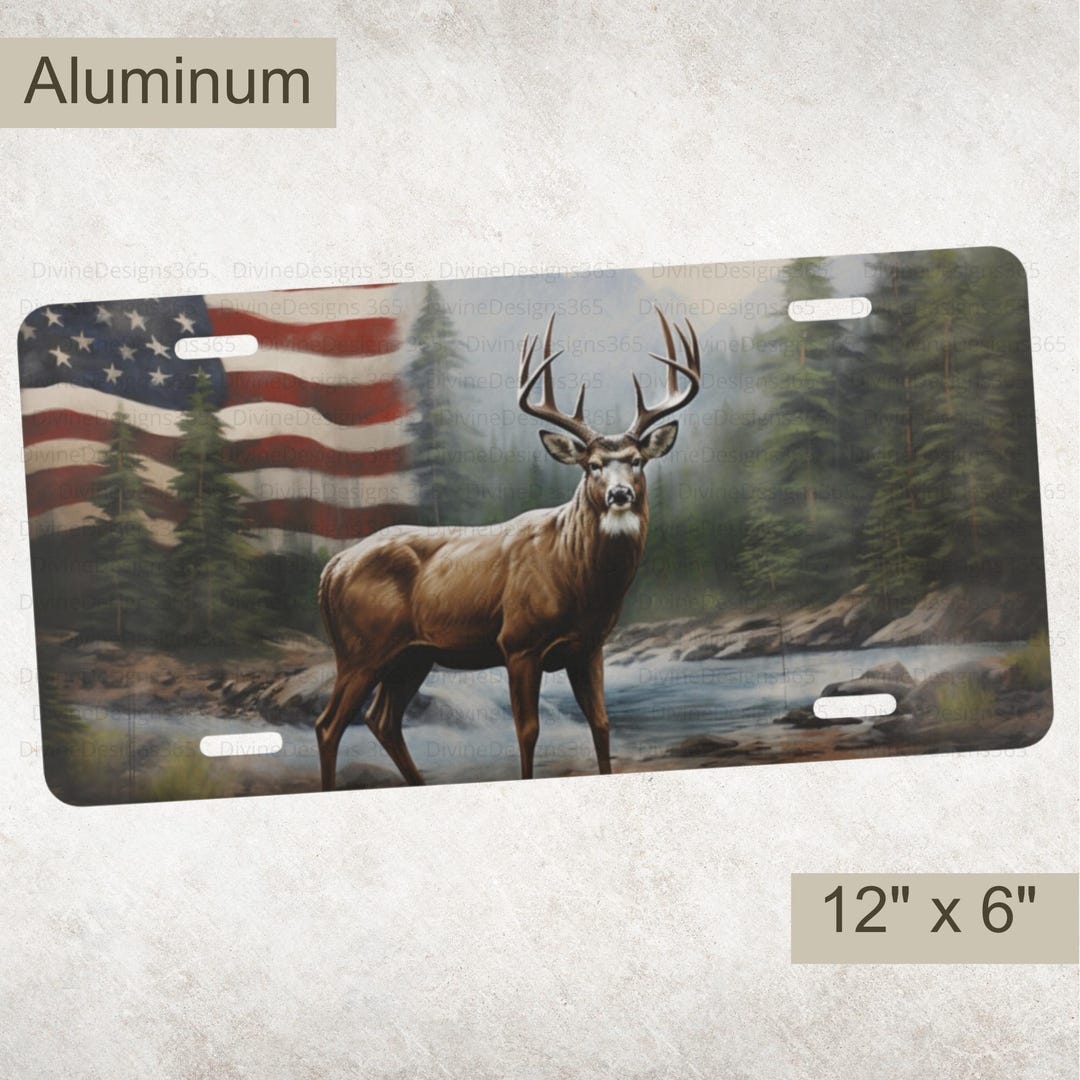 Buck Deer License Plate, American Flag Whitetail Deer Vehicle Tag ...