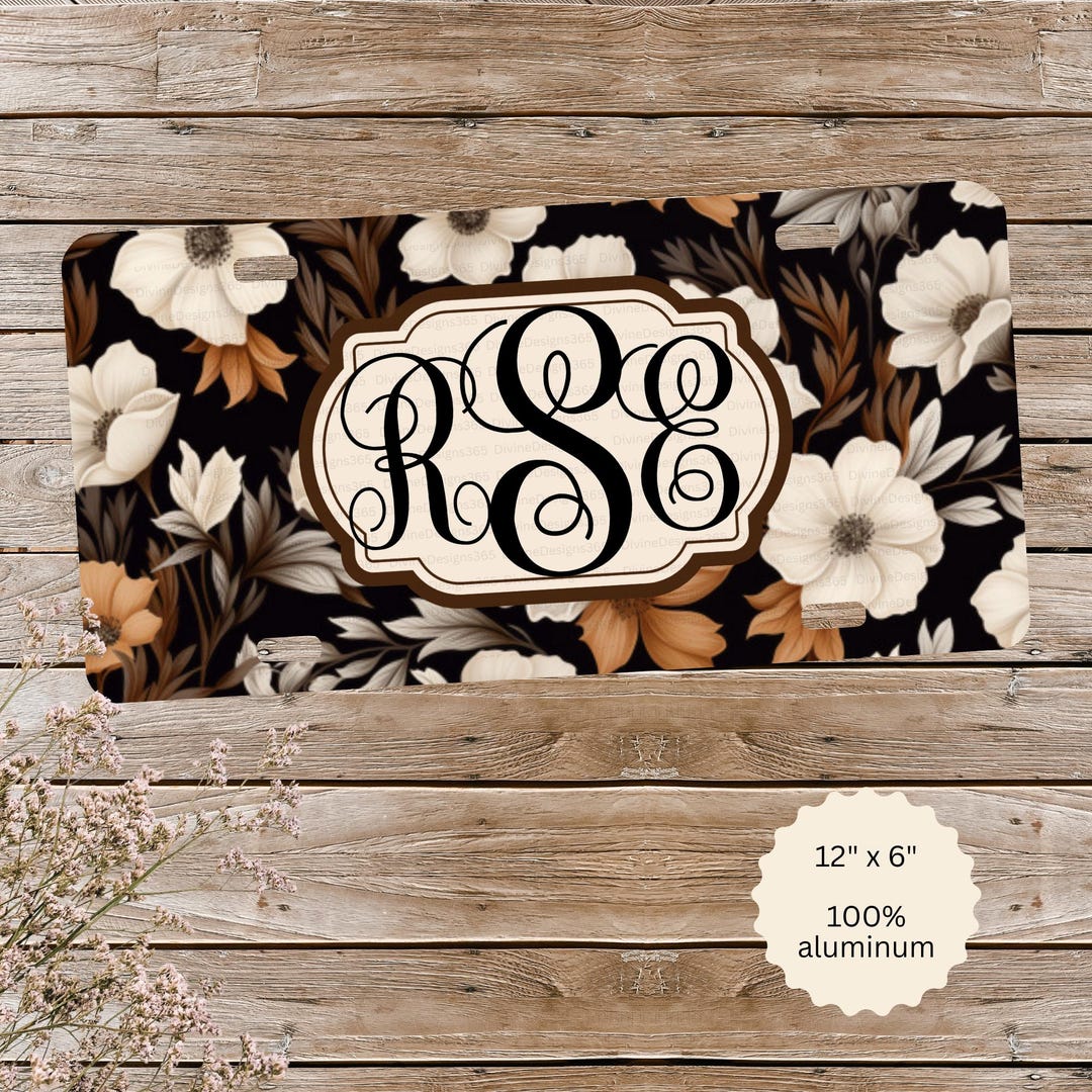 Custom Floral Monogram License Plate, Women's Black Floral Car Tag ...