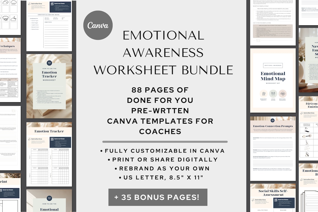 Emotional Awareness Coaching Worksheets: Canva Template Bundle (88 ...