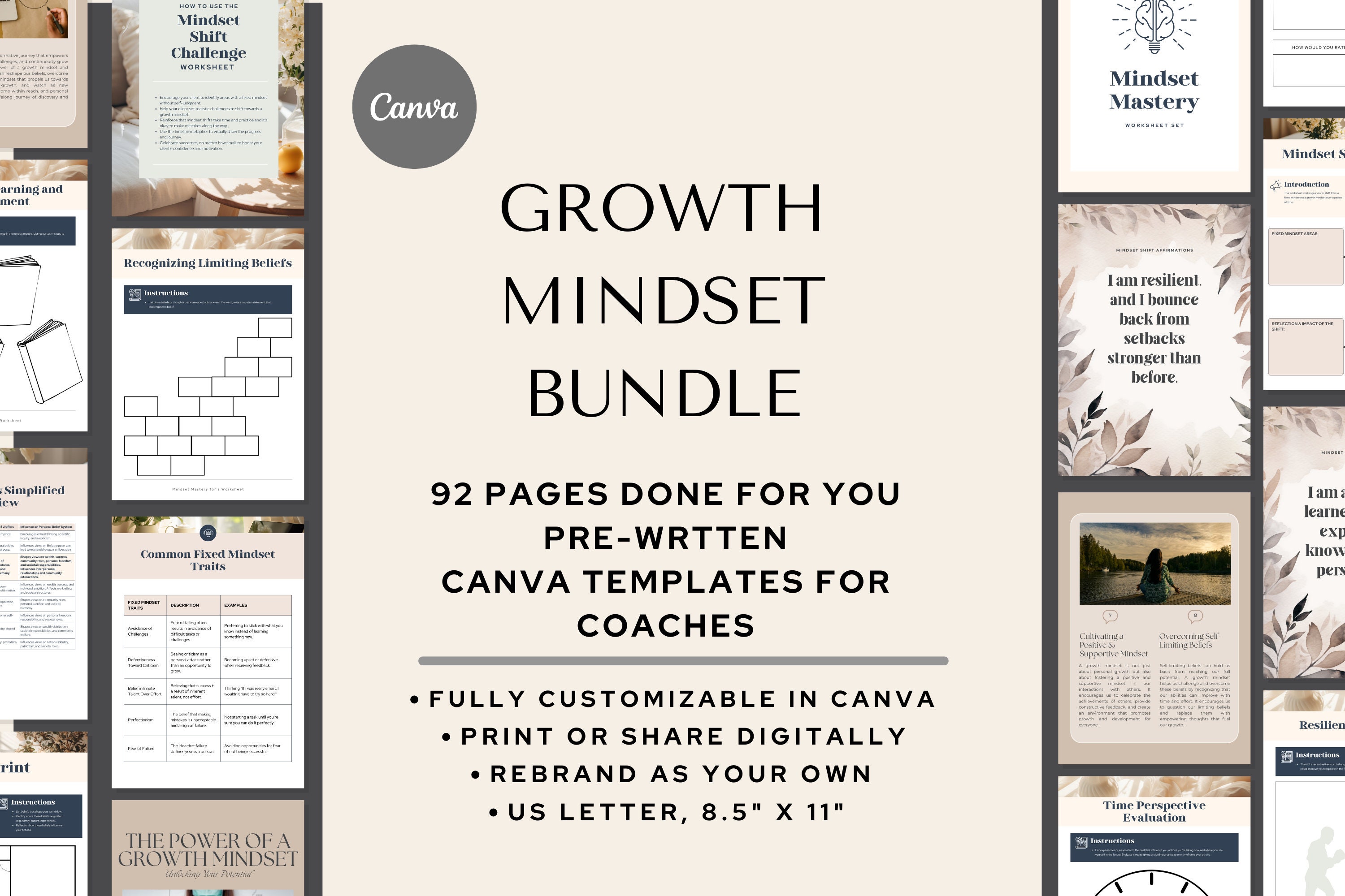 Growth Mindset Coaching Canva Template Bundle: Workbook & Worksheets ...