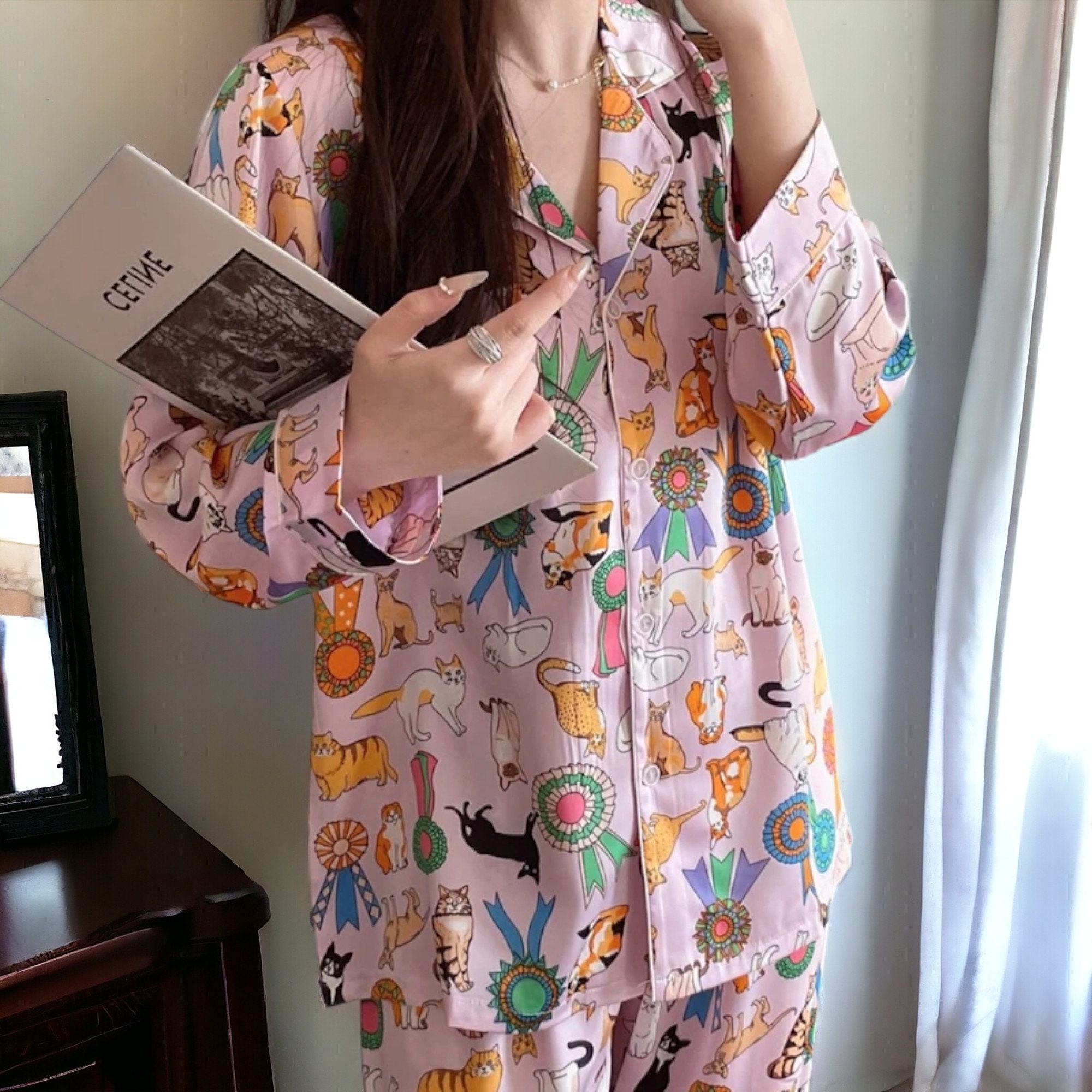 Womens Silk Pyjamas Cats Pyjama Cute Pyjama Animal Pyjama Funny Pyjama ...