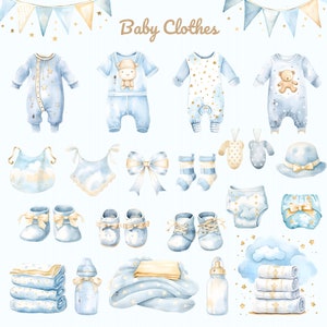 Neutral Baby Shower Clipart, Blue Baby Clip Art Bundle, Watercolor Baby ...